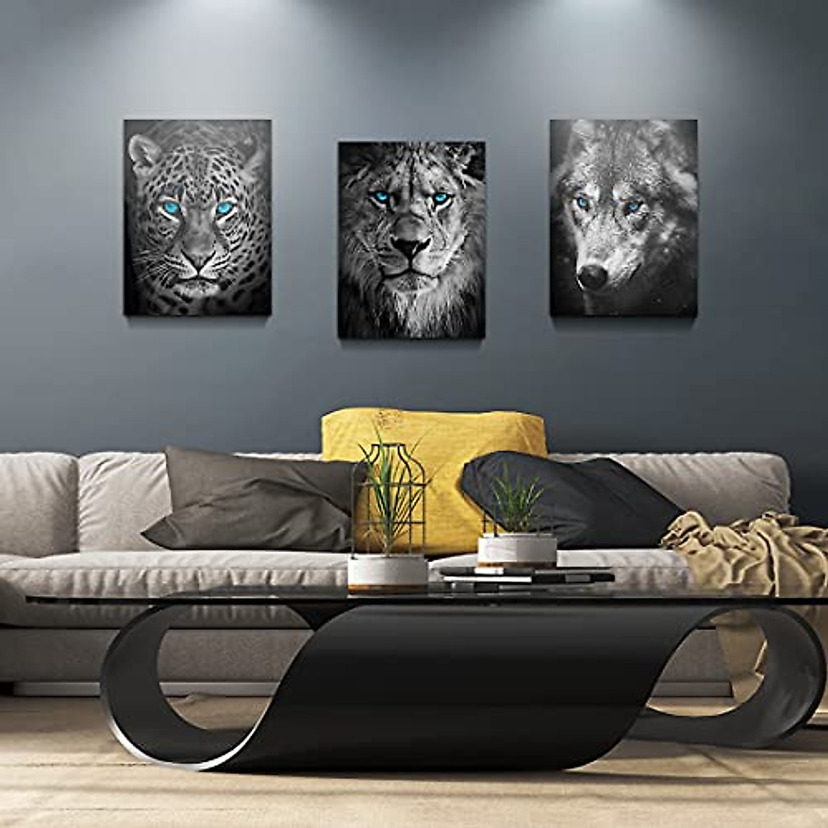 QTESPEII Black and White Animals Pictures Wall Art Decor for Bathroom Leopard Lion Wolf Head with Blue Eyes Paintings Canvas Prints Wildlife Artwork Framed Modern Home Office Decor 12"x16" 3 Panels