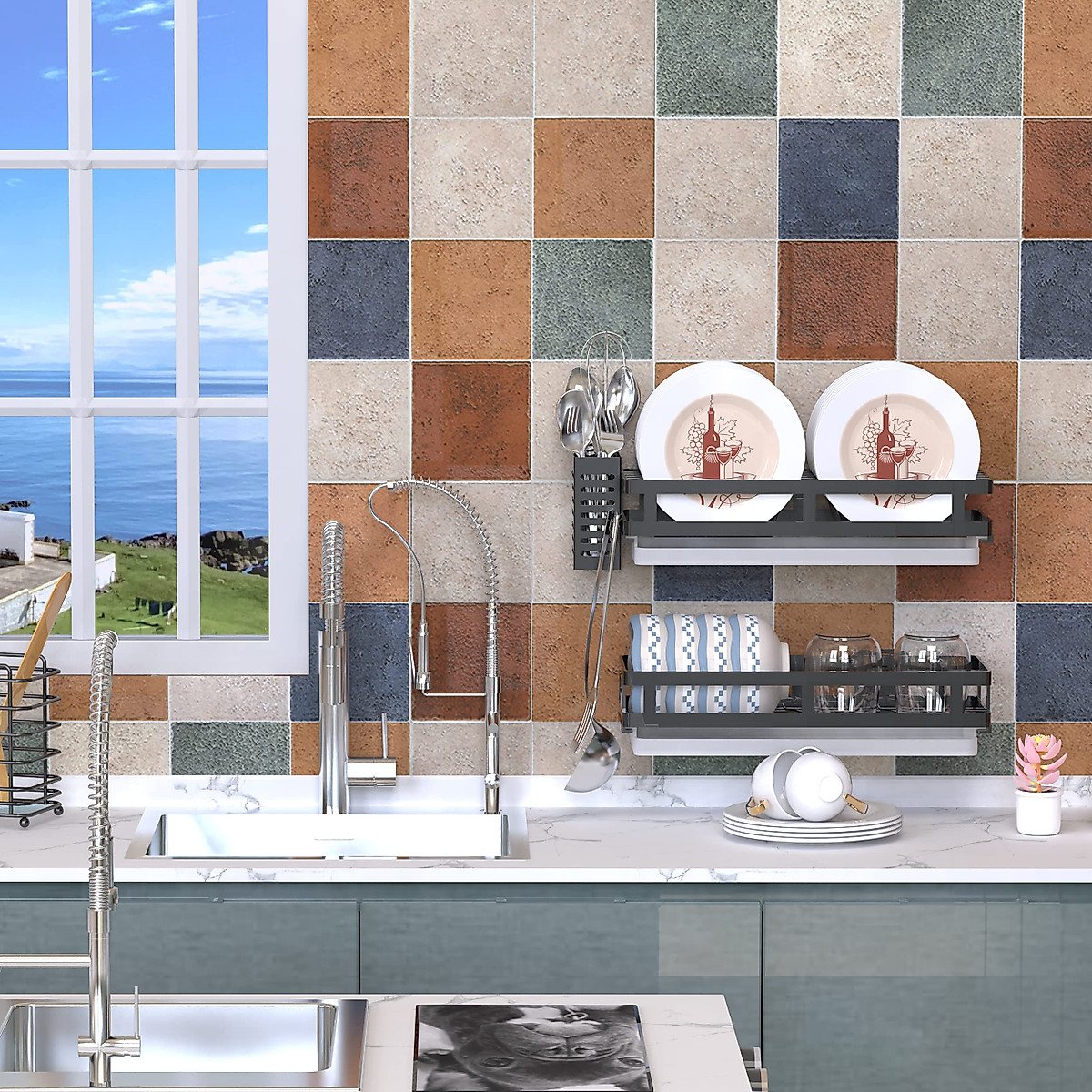 Couguarack Stainless Steel Wall Mounted Dish Drying Rack, Hanging Dish Drying Rack with Removable Tray, Multifunctional Utensil Rack for Kitchen (2 Tier)