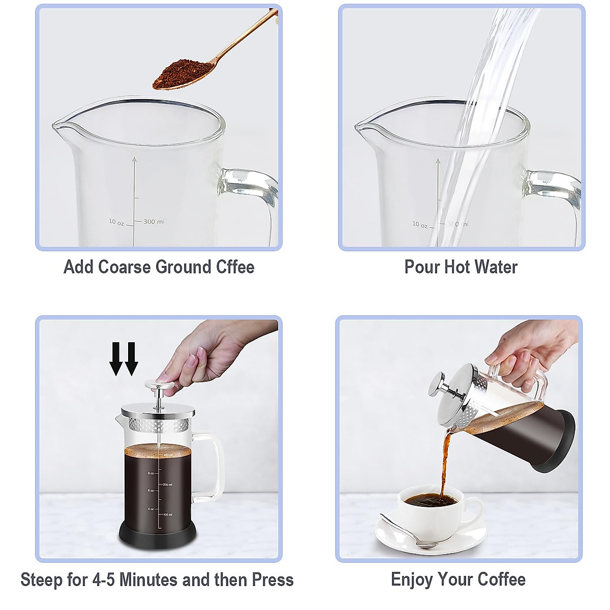 Nukeekee Mini French Press Coffee Maker-304 Stainless Steel Grilles, Borosilicate Glass Small Coffee Press,Non-slip Silicone Base-12 oz /350 ml with 2 Filter Screen-2 Cup Teapot