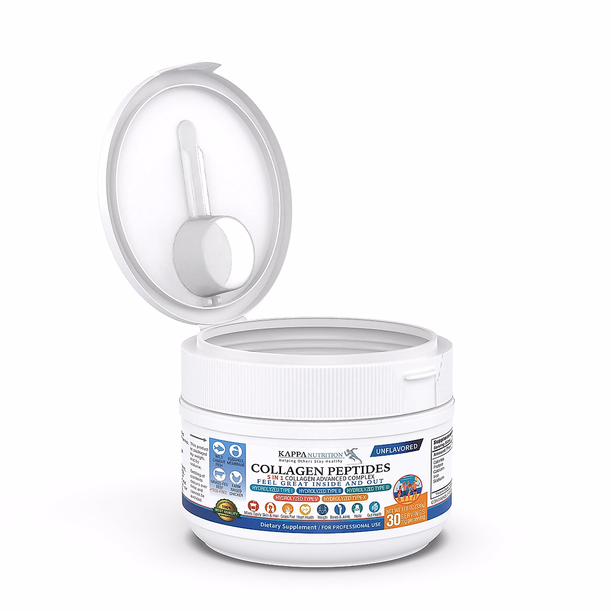 KAPPA NUTRITION Collagen Complex - Type I, II, III, V, X, Grass Fed, Non-GMO, 30 Servings