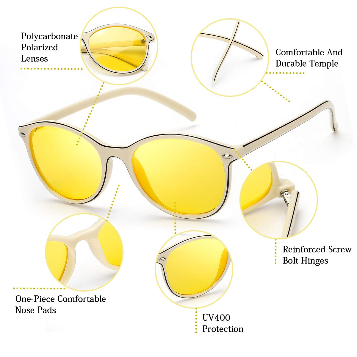 TJUTR Women's Polarized Night-Driving Glasses - HD Night-Vision Yellow Lens Reduce Glare Safety Nighttime (Beige Frame/Yellow Night-Vision Lens)