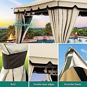 YITAHOME 10x12ft Gazebo for Patios Outdoor Double Roof Canopy Gazebo with Netting & Curtains, Soft Fabric Top Garden Winds Tent with Steel Frame for Lawn, Garden, Backyard and Deck (Khaki)