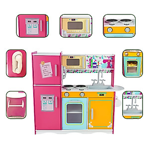 WoodenEdu Kitchen Playset for Kids Ages 3-8, Wooden Pretend Play Kitchen, Including Telephone, Ice Maker, Refrigerator, Dimensions: 35” H x 31” W x 12” D (Colorful)