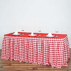 TABLECLOTHSFACTORY 17FT Perfect Picnic Inspired White/Red Checkered Polyester Table Skirt for Kitchen Dining Catering Wedding Decorations