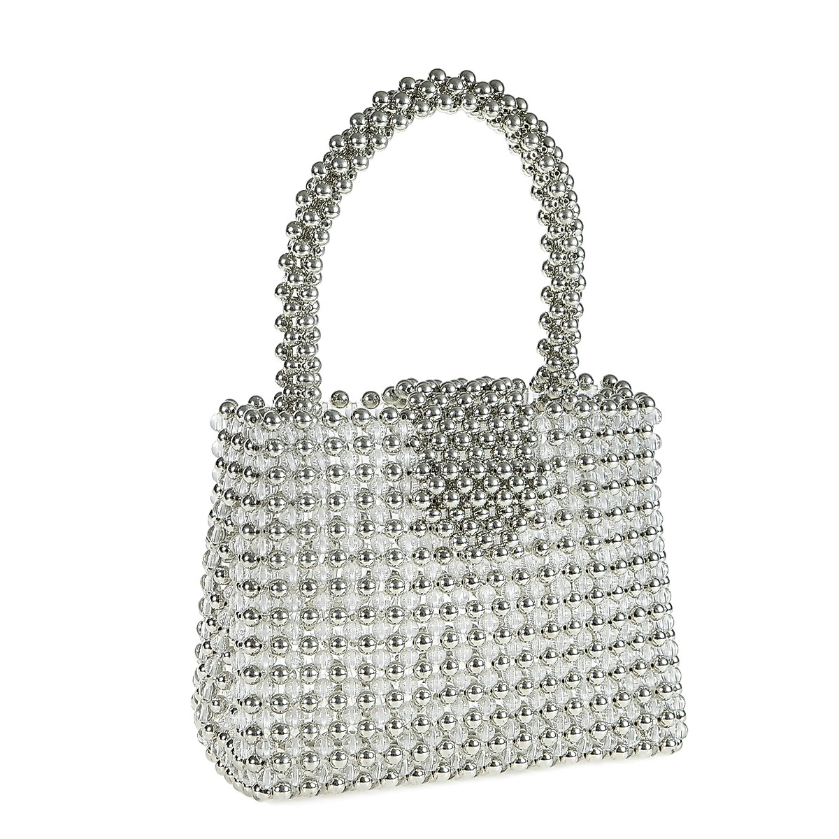 YUSHINY Women Acrylic Beaded Evening Tote Medium HandBag with Pull-on Closure for Wedding Party (Silver&Transparent)