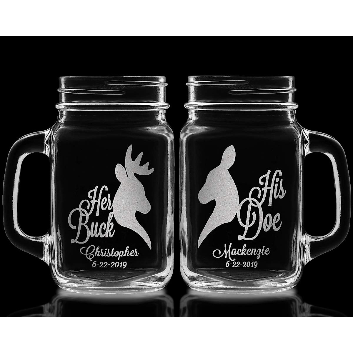 Her Buck His Doe Set of 2 Personalized Mason Jars Rustic Custom Etched for Wedding, Engagement Anniversary Bridal Party Gift of Favor for Newlyweds Couple Gift Idea Barn Wedding Hunting Theme