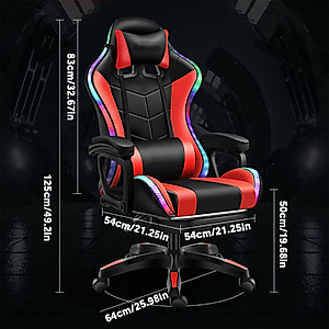 White Gaming Chair with LED Light, Ergonomic Pro Gaming Chair with Full Massage Lumbar Support, Bluetooth Speakers Computer Chair for Retractible Footrest and Backrest Adjustable,White