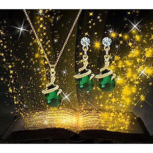 14K Gold Plated Drop Crystal Zircon Green Snake Pendant Necklace and Earring Jewelry Set