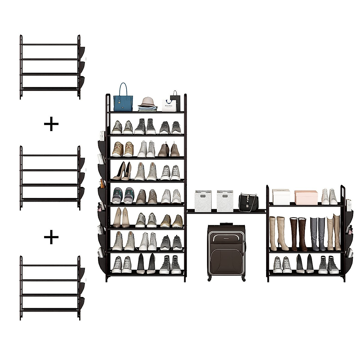 SUOERNUO Shoe Rack Storage Organizer 4 Tier Free Standing Metal Shoe Shelf Compact Shoe Organizer with Side Bag for Entryway Closet Bedroom,Bronze