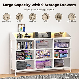 White Dresser for Bedroom, 9 Drawers Dresser with LED Lights & Charging Station, Large Fabric Dresser with PU Finish, Kids Adults Chest of Drawers with Sturdy Frame for Entryway Closet Living Room
