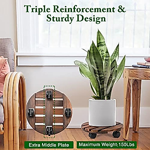 Plant Caddy with Lockable Wheels, Rolling Plant Stand 12 Inch Wooden, Plant Roller Base 150 lb Heavy Duty, 2 Packs Plant Dolly, Indoor Outdoor Potted Plant Mover