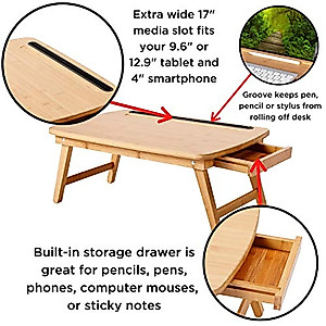 BIRDROCK HOME Portable Sit or Stand Desk with Storage Drawer and Media Slot | Folding Legs | Fits Laptops Up to 17" | 17" Tablet and Phone Slot | Smart Phones Up to 4" | Natural | Work from Home