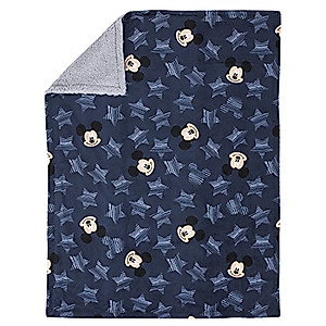 Disney Mickey Mouse Hello World Star/Icon Super Soft Double Sided Velour/Sherpa Baby Blanket, Navy, Grey, White