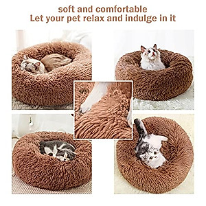 Nepfaivy Calming Dog Cat Donut Bed - Fluffy Cat Beds for Indoor Cats Washable, Round Dog Beds for Small Dogs, Anti Anxiety Plush Pet Pillow Bed for Puppy, Waterproof Non-Slip Bottom