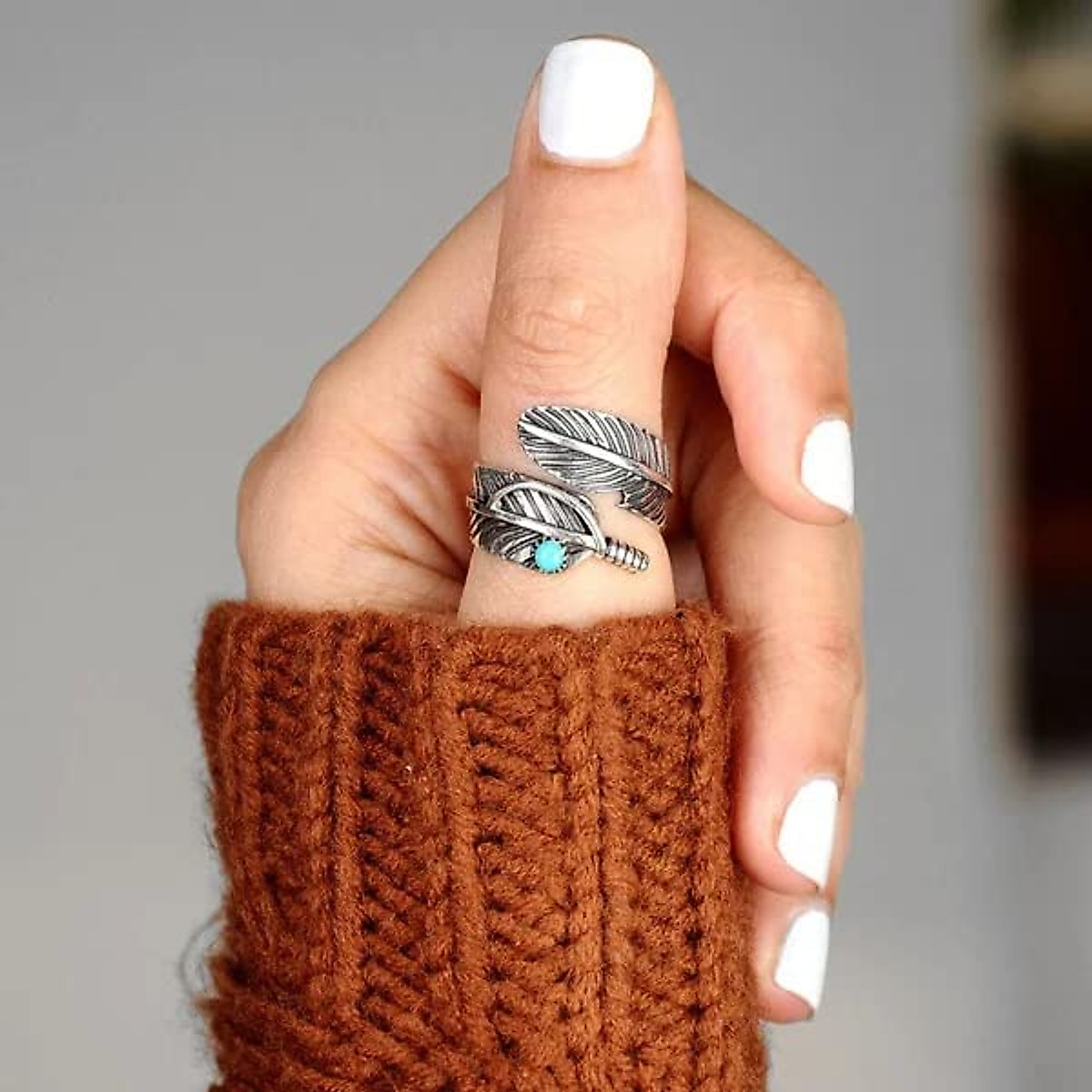 Boho Feather Turquoise Adjustable Ring,Silver Wide Nature Leaf Ring,Thumb Ring for Women Men