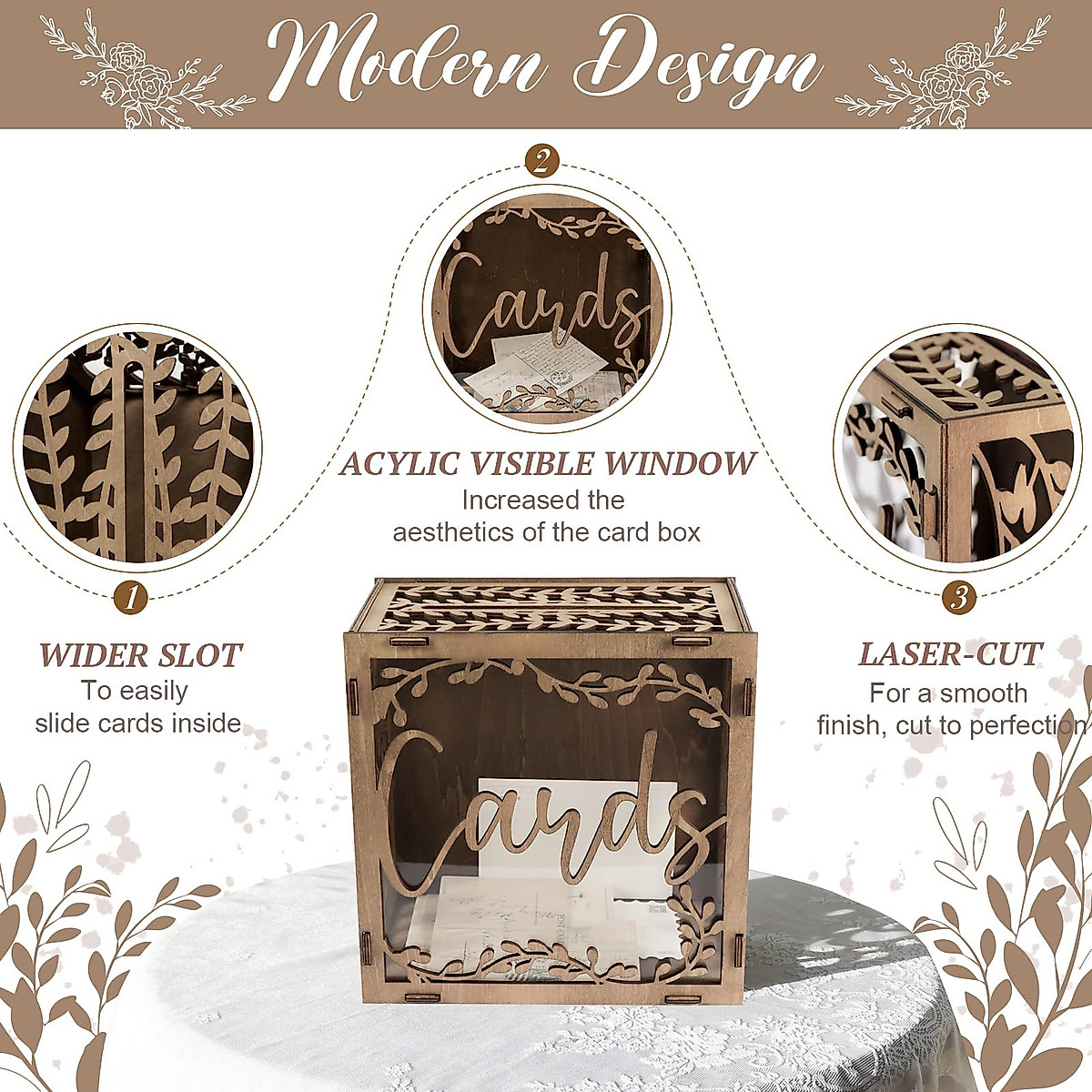 OurWarm Wedding Card Box with Window, Brown Wooden Box Wedding Decorations for Reception, Money Index Card Box for Wedding Bridal Shower Decorations Rustic Wedding Decor Party Decorations