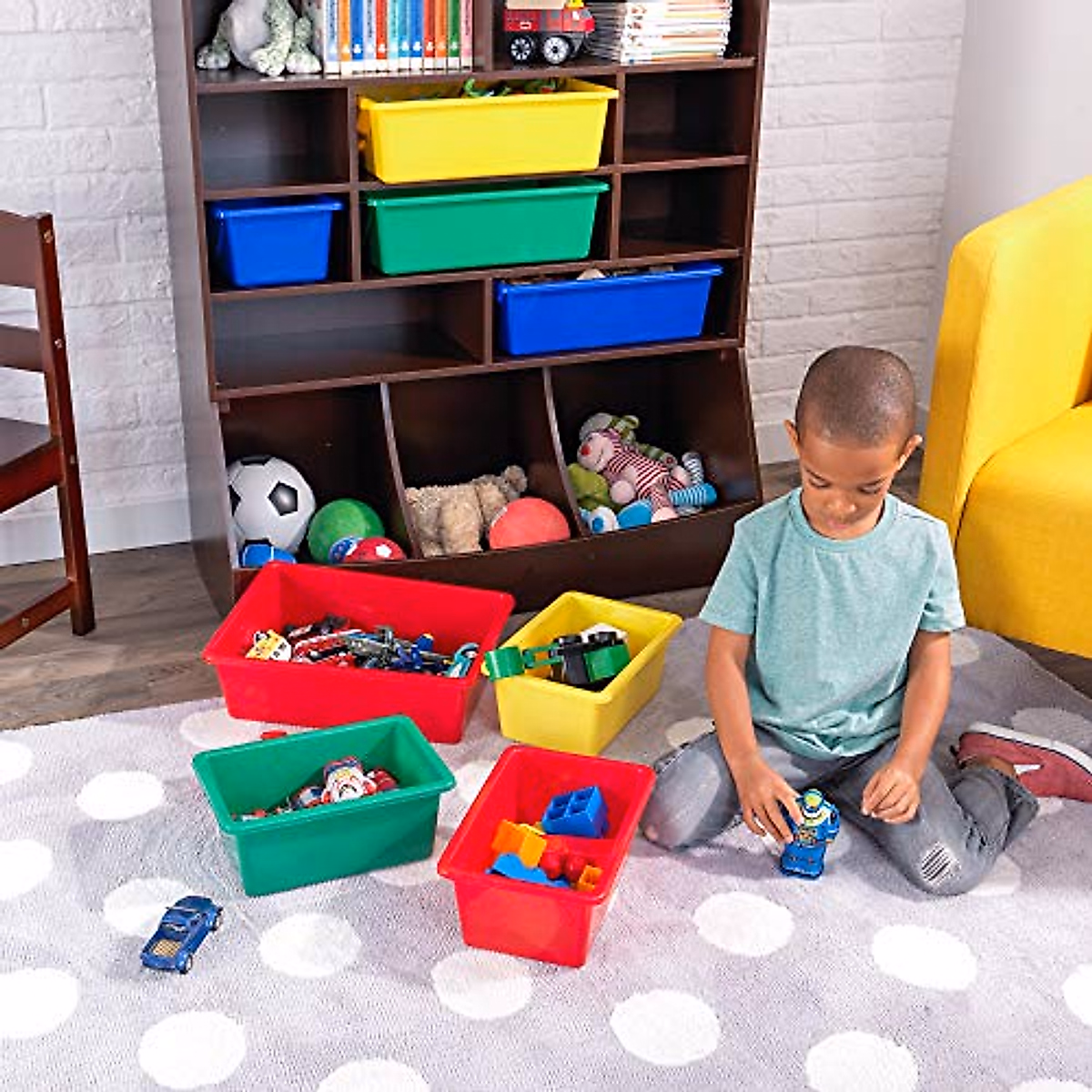 KidKraft Wooden Wall Storage Unit with 8 Plastic Bins and 13 Compartments, Espresso, Gift for Ages 3+