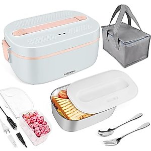 CTSZOOM Electric Lunch Box - 80W Heated Lunch Box 1.5L 4 in1 Portable Food Warmer with Detachable Dividers for Car/Truck/Office 12V/24V/110V, Leakproof Lunch Heater (Chambray)