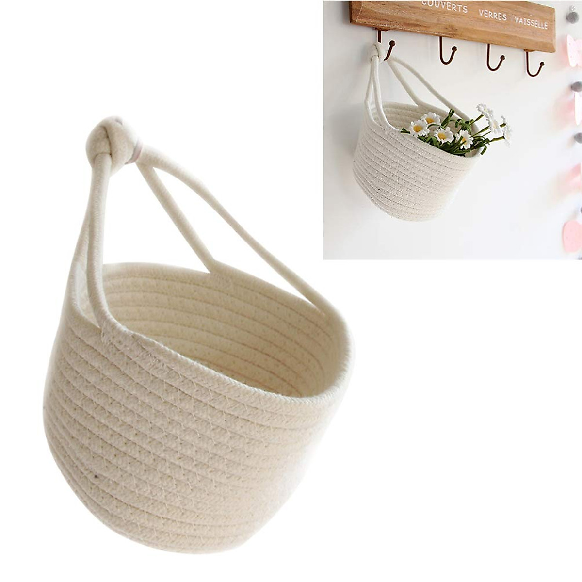 IMIKEYA Wall Hanging Rope Storage Basket Cotton Rope Wall Basket Small Hanging Basket Storage Basket Baby Nursery Organizer Bin for Clothes Toy Keys