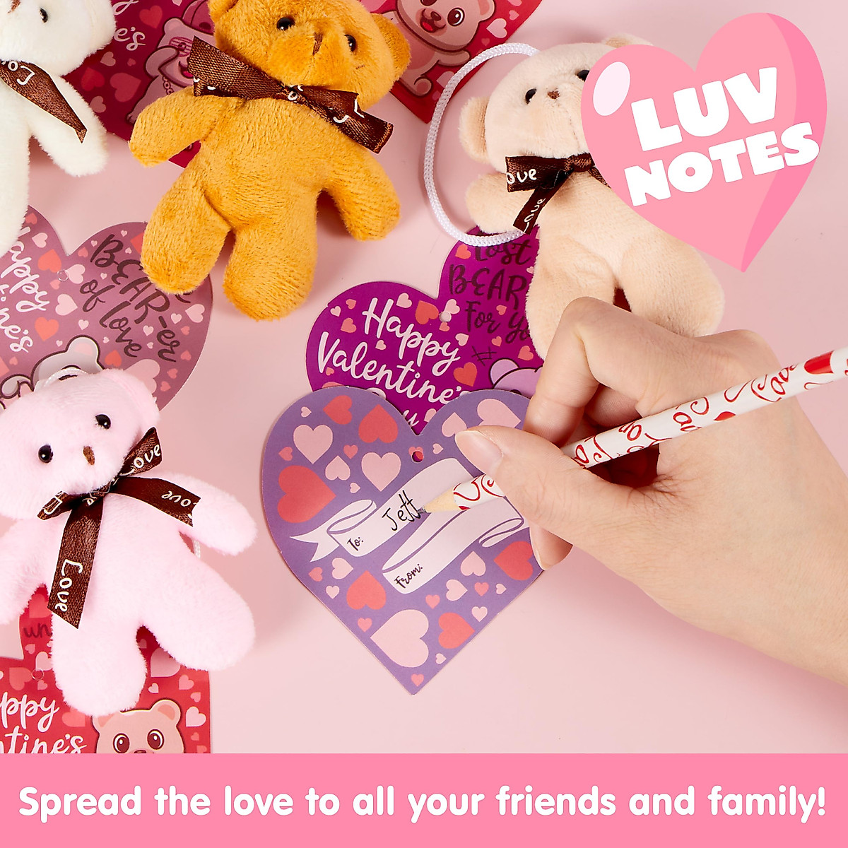 JOYIN 24 Packs Valentine's Day Heart Cards with Plush Toy Party Favors, Mini Stuffed Animal Plush Toys for Valentines Day Gifts, Kids Classroom School Exchange Prize (brown bear)