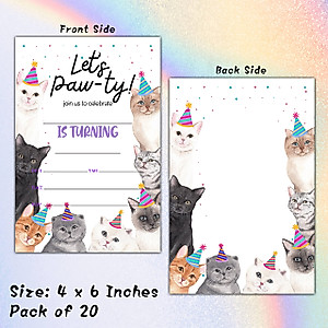 Cat Birthday Invitations with Envelopes - Kitty Cat Birthday Party Invitation Card - Let's Paw-ty Fill-in Invites Cards - Cute Pet Party Celebration (20 Pack)-25