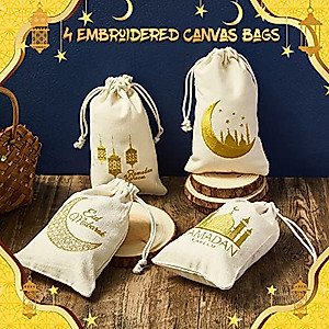 24 Pcs Ramadan Burlap Bags Eid Mubarak Goody Bags Linen Drawstring Gift Bags Islamic Gifts Small Drawstring Pouch Eid Goodie Bags for Muslim Eid Mubarak Party Decorations, 4.7 x 7.8 Inches/ 12 x 20 cm