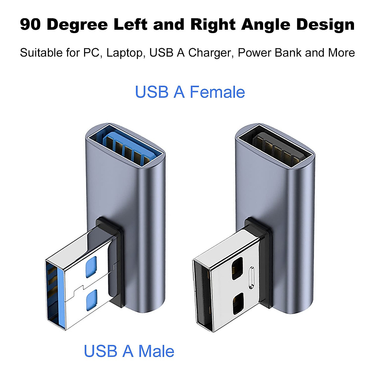 AreMe 90 Degree USB 3.1 Adapter 2 Pack, Left and Right Angle USB A Male to Female Converter Extender for PC, Laptop, USB A Charger, Power Bank and More