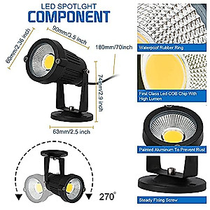 ELEGLO 5W LED Spot Lights Indoor Uplight, IP65 Waterproof Wall Lights,120V Ceiling and Floor Spotlight,3000k Landscape Lighting, Home,Garden,Yard with US 2-Plug Cord with Base and Spikee (6 Pack)