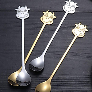 DOITOOL 10Pcs Dessert Spoons Stainless Steel Stirring Spoons Cute Cow Shape Coffee Spoons Milkshake Cake Spoon Silverware Golden Spoons