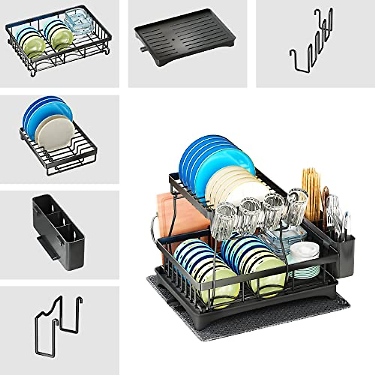 Dish Drying Rack, Detachable 2 Tier Dish Rack and Drainboard Set, Large Capacity Dish Drainer Organizer Shelf with Utensil Holder, Cup Rack, Extra Drying Mat for Kitchen Counter, Black
