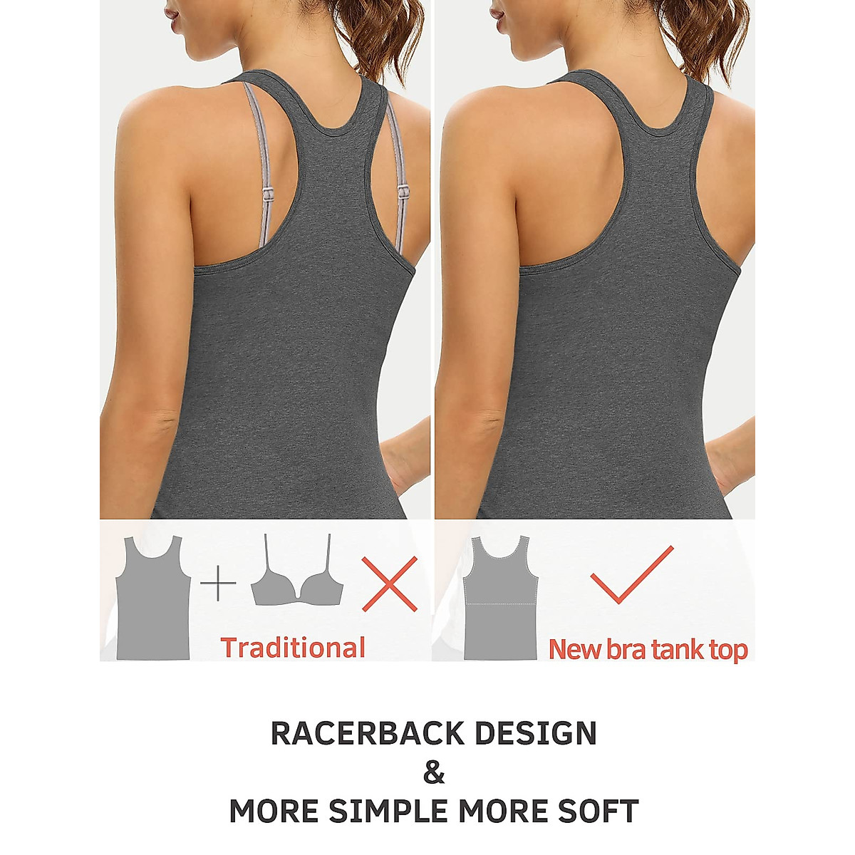 Vislivin Womens Tank Tops with Shelf Bra Racerback Tank Top Stretch Undershirts 3 Packs Bl/Dark Gray/Dark Gray S