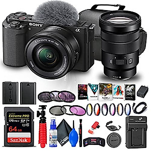Sony ZV-E10 Mirrorless Camera with 16-50mm Lens (Black) (ILCZV-E10L/B) + Sony 18-105mm Lens + 64GB Card + Color Filter Kit + Filter Kit + Corel Photo Software + Bag + NPF-W50 Battery + More (Renewed)