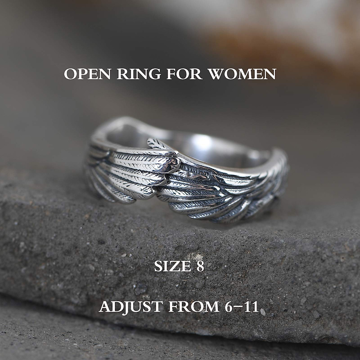 LOVECOM Antique 925 Sterling Silver Couple Ring for Women Men Lover Feather Angel Wing Mens Rings Silver Wedding Band Vingage Open Promise Rings for Couples Adjust Size 6-13