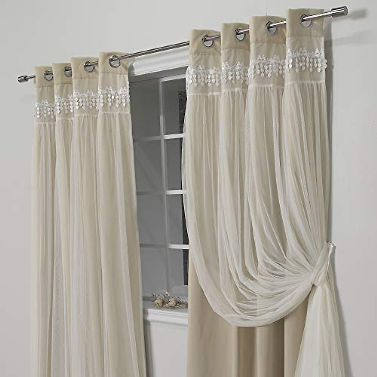 Best Home Fashion Lace Overlay Thermal Insulated Solid Blackout Curtains - Stainless Steel Nickel Grommet Top - Beige - 52" W x 84" L - (Set of 2 Panels)