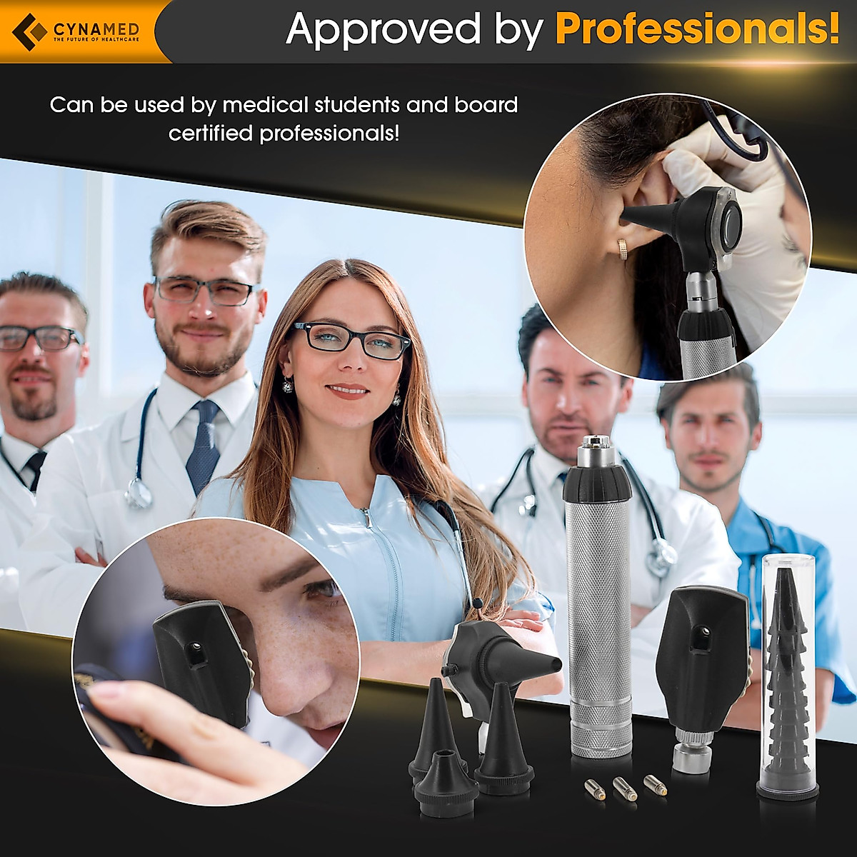 Cynamed 2-in-1 Ear Scope Set - Multi-Function Otoscope for Ear, Nose & Eye Examination- Professional Kit for Home and Medical Students - Sight Chart, Replacement Tips, and Carry Case