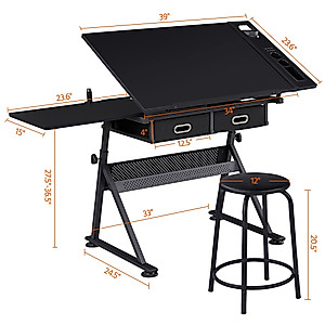 Yaheetech Art Craft Table Drawing Table Height Adjustable Drafting Desk Work Station with Tiltable Tabletop w/Stool and 2 Storage Drawers for Reading, Writing,Studying