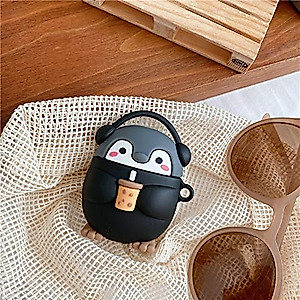 LUCKESSA Cute Kawaii Holding Milk Tea Cup Enjoying Music Headset Penguin Earphone Case for AirPods Pro, Soft Rubber Silicone Strong Protection Wireless Charging Earbud Cover Protective Skin -Black