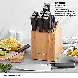 KitchenAid Classic 15 Piece Knife Block Set with Built in Knife Sharpener, High Carbon Japanese Stainless Steel Kitchen Knives, Sharp Kitchen Knife Set with Block, Rubberwood