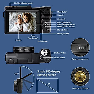 Digital Camera for Photography, Vlogging Camera with 2.7K Full HD, 30MP YouTube Camera with 180 Degree Rotation 3.0 Inch Flip Screen, 4P Lens, 32GB SD Card and 2 Batteries（Focus Fixed）