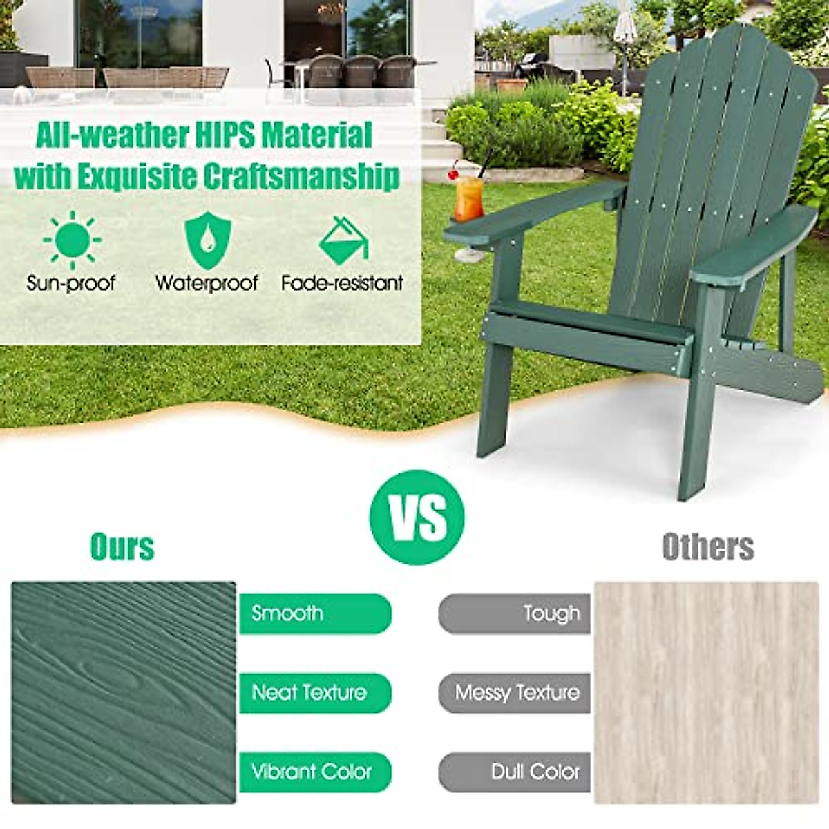 Giantex Outdoor Adirondack Chair - Oversized Patio Chairs w/Hidden Cup Holder, Realistic Wood Grain, 380 LBS Weight Capacity, Weather Resistant Firepit Chairs for Backyard, Garden (1, Dark Green)