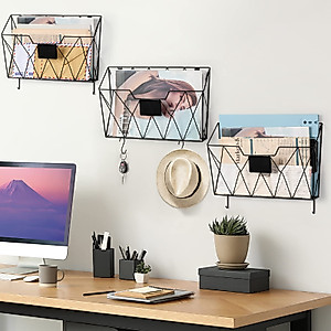 YBING Wall File Organizer for Office Hanging Wall File Holder and Basket Set of 3 Wall Mounted File Rack with Hooks Metal Wall Storage for Office Living Room Black