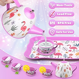 41Pcs Tea Party Set for Little Girls, Pretend Tin Teapot Set, Princess Tea Time Play Kitchen Toy with Dessert, Doughnut, Carrying Birthday Gift Case for Toddlers Age 3 4 5 6