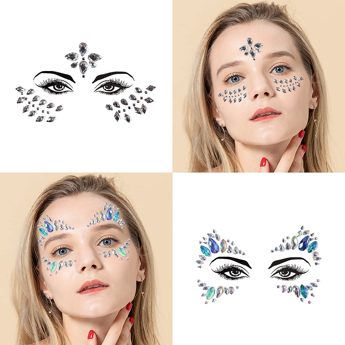 Face Gems, 6 Sheets Mermaid Face Jewels for Makeup Rave Festival Halloween Stick on Face Body Self Adhesive Rhinestone Gemstones Stickers