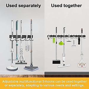 GARLWOLEX Broom Hanger Wall Mount Extender, 2-Pack Broom Holder Utility Rack with 10 Removable S-Hooks and 10 Broom Hooks, Garden Tool Organizer, Cleaning Supplies Organizer