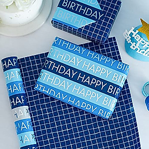 RUSPEPA Reversible Wrapping Paper Roll - Birthday Blue Pattern Great for Birthday, Party, Baby Shower - 17.5 Inches X 32.8 Feet