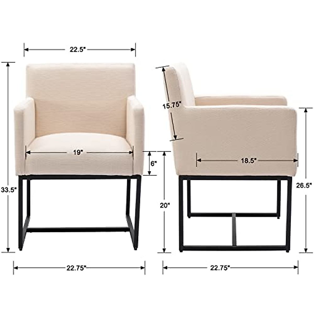 HNY Mid Century Modern Upholstered Dining Chairs with Arms Set of 4, Linen Accent with Black Finish Metal Frame, 19'' Wide for Living Room Kitchen Bedroom, Cream, Cream-linen-black Frame