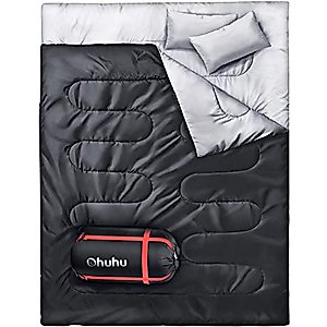 Ohuhu Double Sleeping Bag with 2 Pillows, Waterproof Lightweight 2 Person Adults Sleeping Bag for Camping, Backpacking, Hiking, with Carrying Bag (Black)