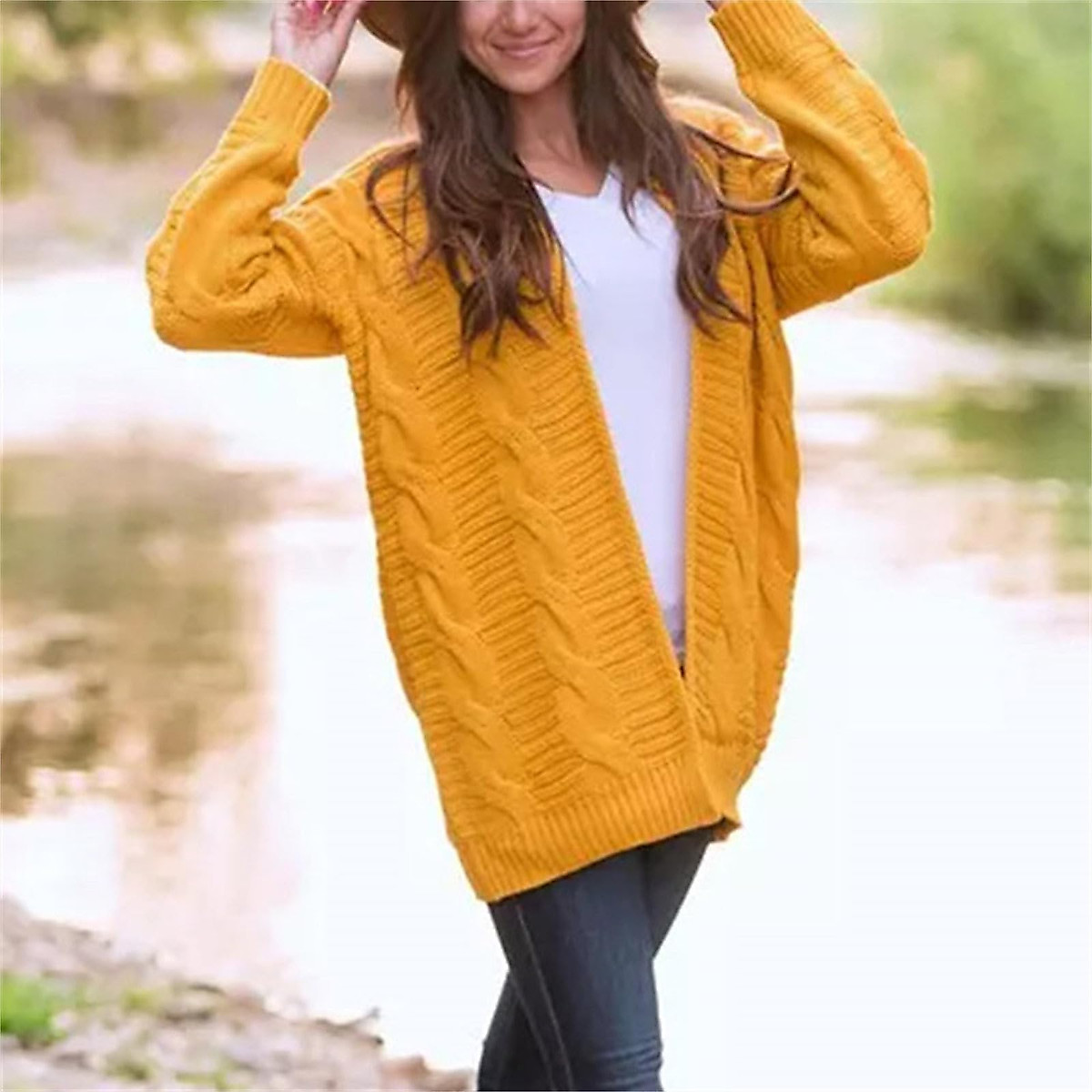 Must Haves from tiktok Sweater Cardigan for Women Solid Color Oversized Sweater Mid Length Coarse Sweater Cropped Cardigan (5-Yellow, L)