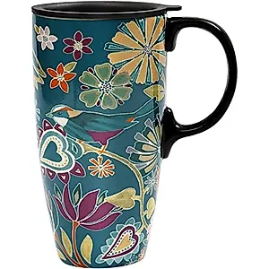 Topadorn Coffee Ceramic Mug Porcelain Latte Tea Cup With Lid 17oz. Floral Symphony, Green Bird