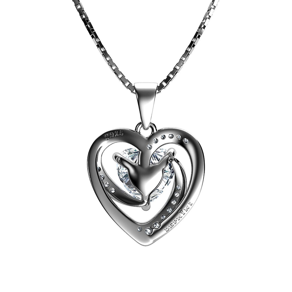 DEPHINI - White Heart Necklace - 925 Sterling Silver - Branded CZ Crystal Pendant Birthstone - Fine Jewellery Love - 18" Premium Rhodium Plated Silver Chain - Cubic Zirconia - Gifts for Women